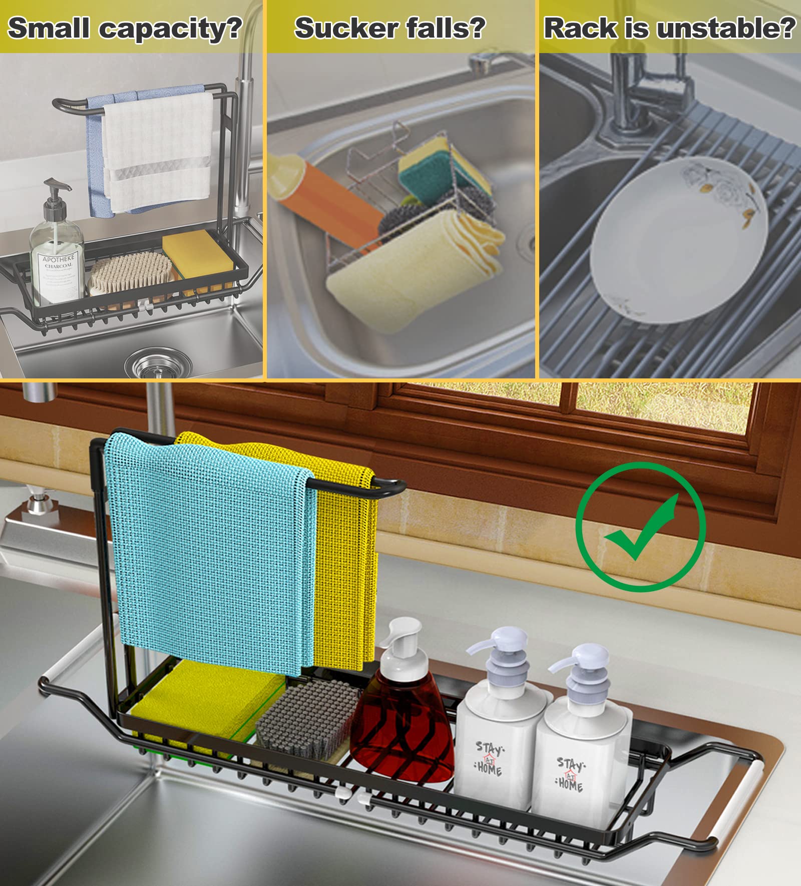 Sink Caddy, Expandable Kitchen Sink Organizer,Stainless Steel Sponge Holder for Kitchen Sink,Over Sink Kitchen Caddy with Dishcloth Towel Holder,Telescopic Sink Rack for Soap,Scrubber Brush (Black)