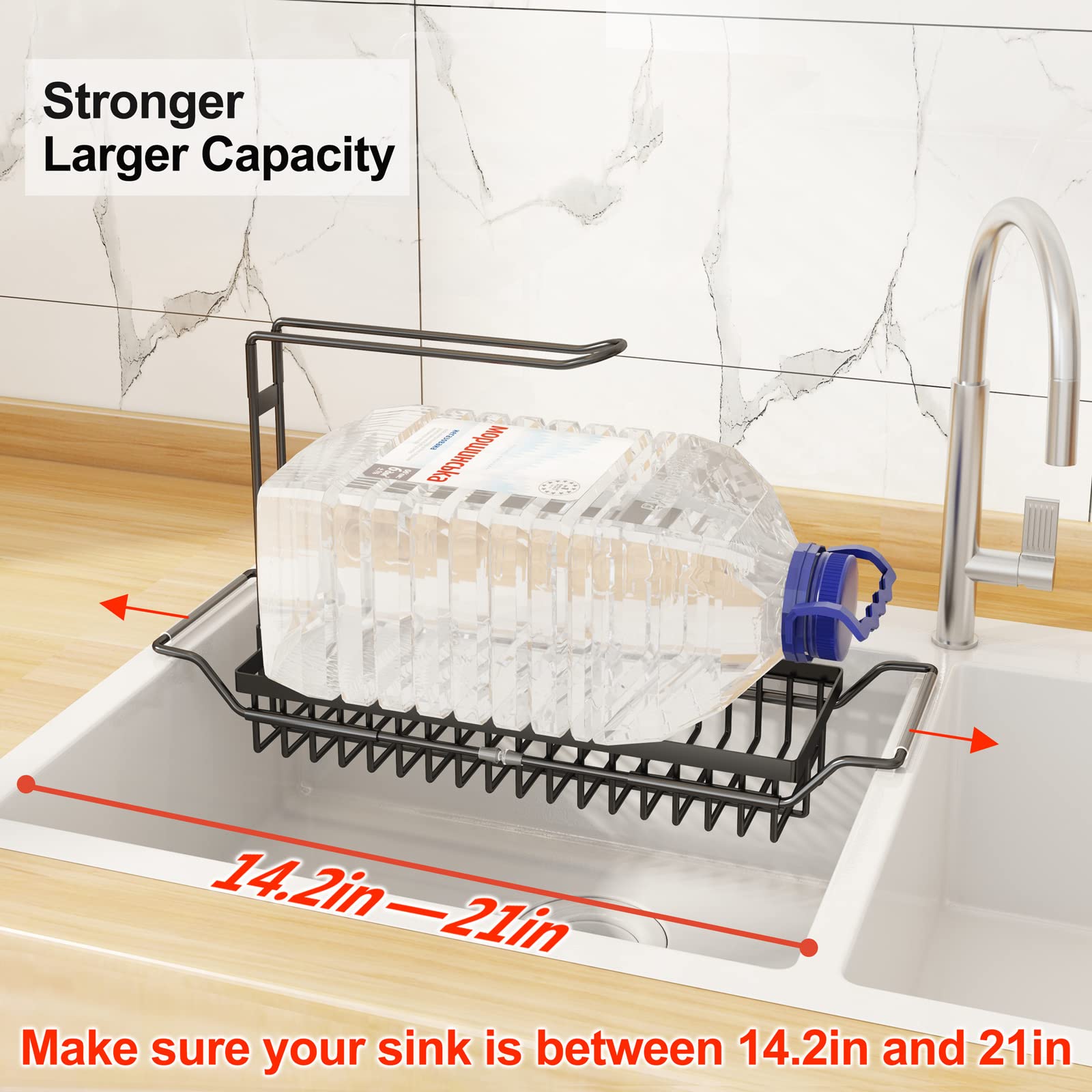 Sink Caddy, Expandable Kitchen Sink Organizer,Stainless Steel Sponge Holder for Kitchen Sink,Over Sink Kitchen Caddy with Dishcloth Towel Holder,Telescopic Sink Rack for Soap,Scrubber Brush (Black)