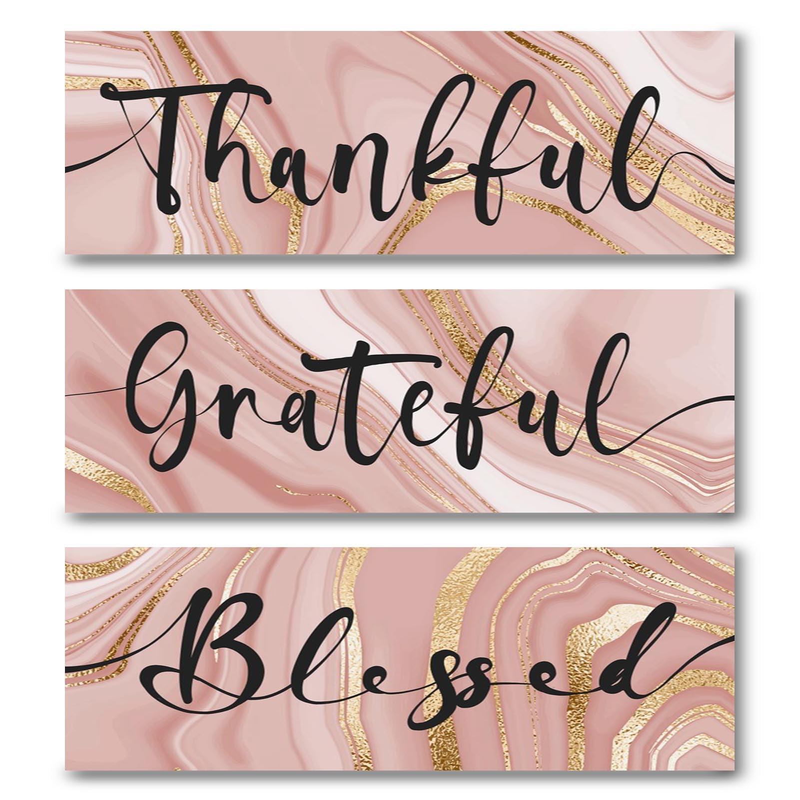 3 Pieces Funny Rustic Wooden Art Wall Hangings Set, Thankful Grateful Blessed, Pink Gold Marble Style Wood Signs 12 X 4 Inches for Home, Living Room, Bedroom, Office, Cafe, Hotel Wall Decor