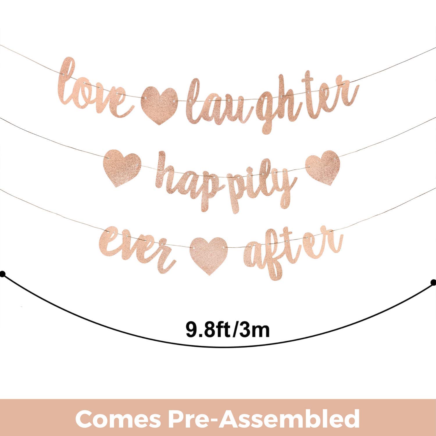 3Pcs Rose Gold Glitter Love Laughter and Happily Ever After Banner - Wedding Shower Decorations - Bridal Shower Decorations - Bachelorette, Bridal & Engagement Party Decorations (Pre-Strung Signs)