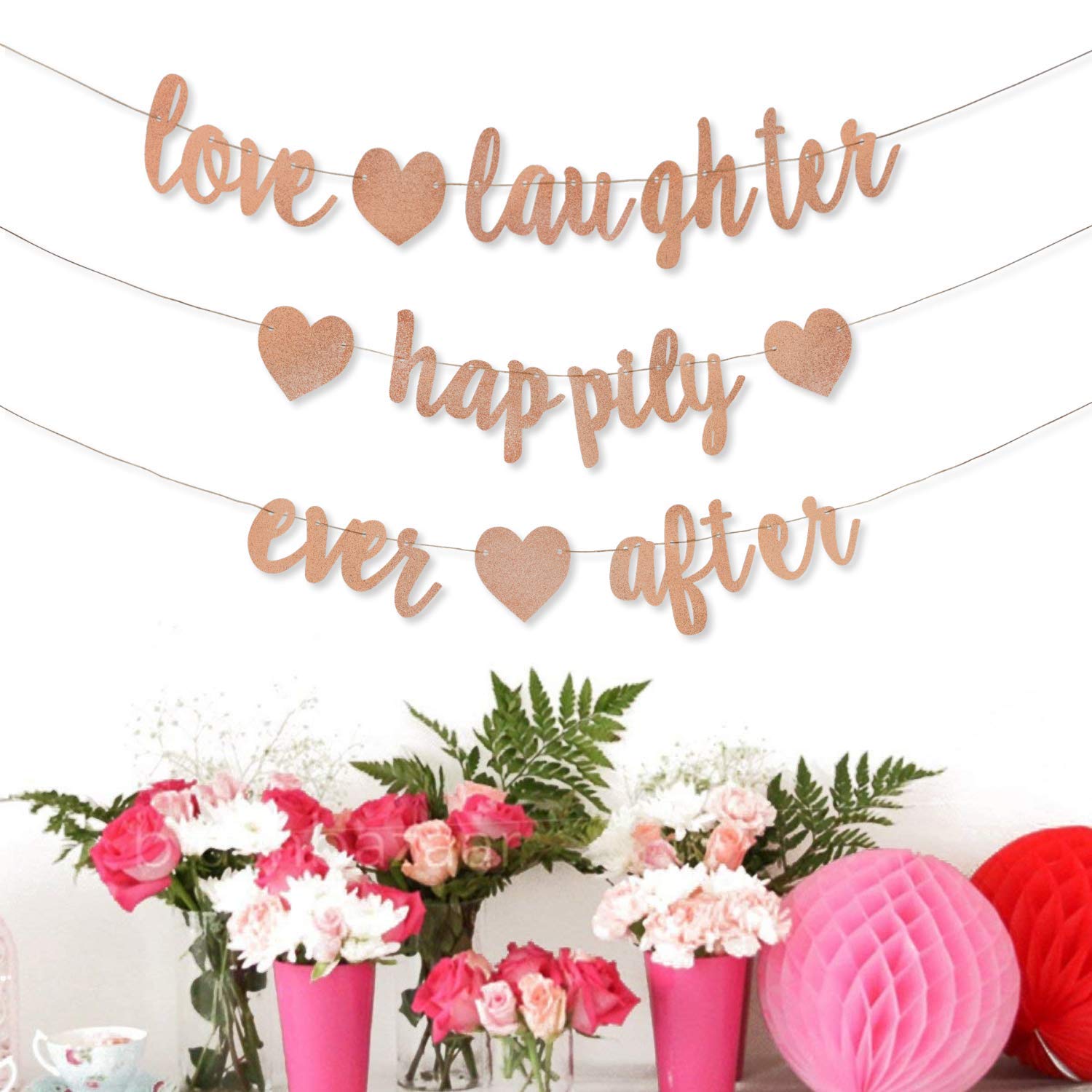 3Pcs Rose Gold Glitter Love Laughter and Happily Ever After Banner - Wedding Shower Decorations - Bridal Shower Decorations - Bachelorette, Bridal & Engagement Party Decorations (Pre-Strung Signs)