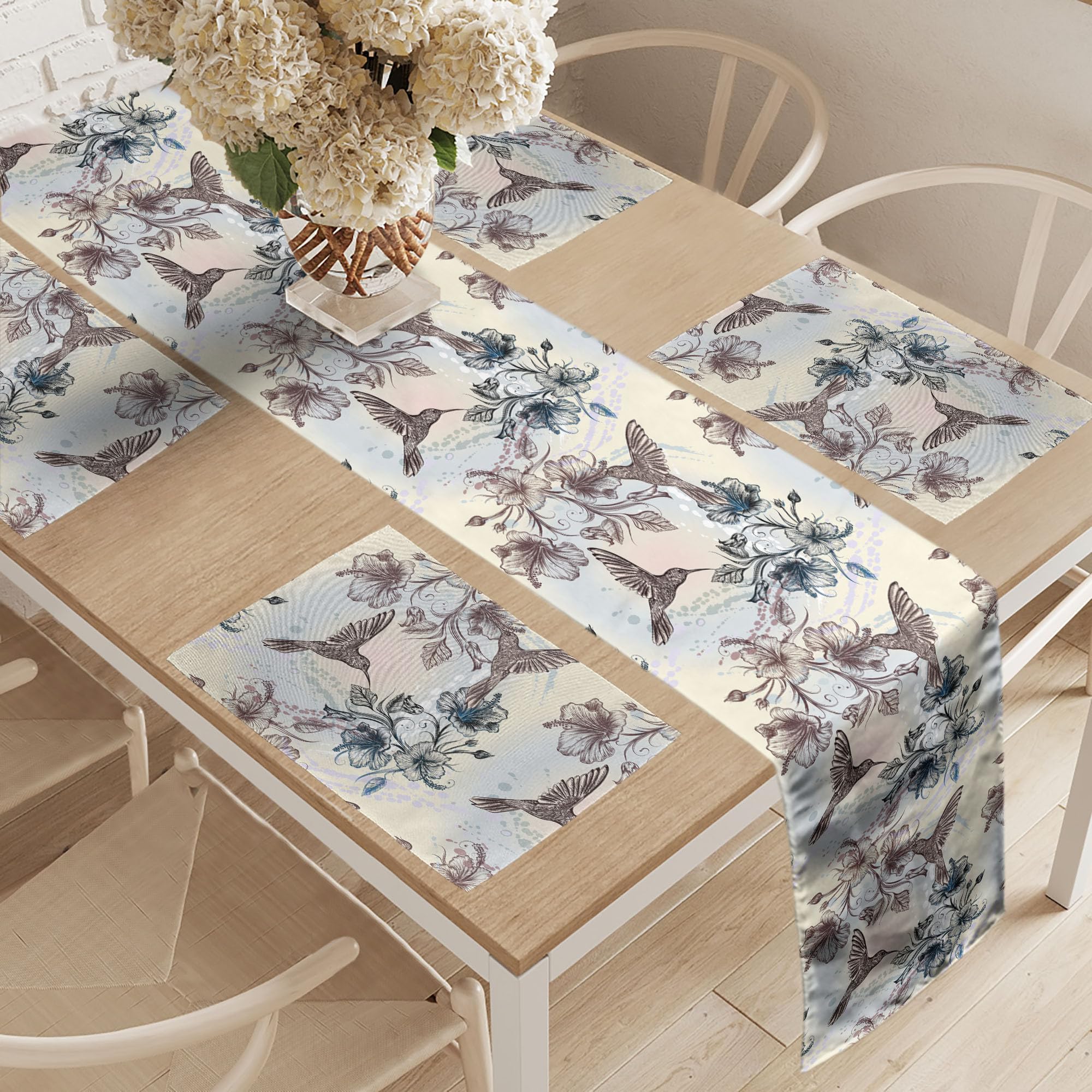 Ambesonne Hummingbird Table Runner & Placemats, Birds and Hibiscus Flowers Nostalgia Antique Design Classical Print, Set for Dining Table Decor, Placemat 4 pcs + Runner 16"x72", Teal Brown