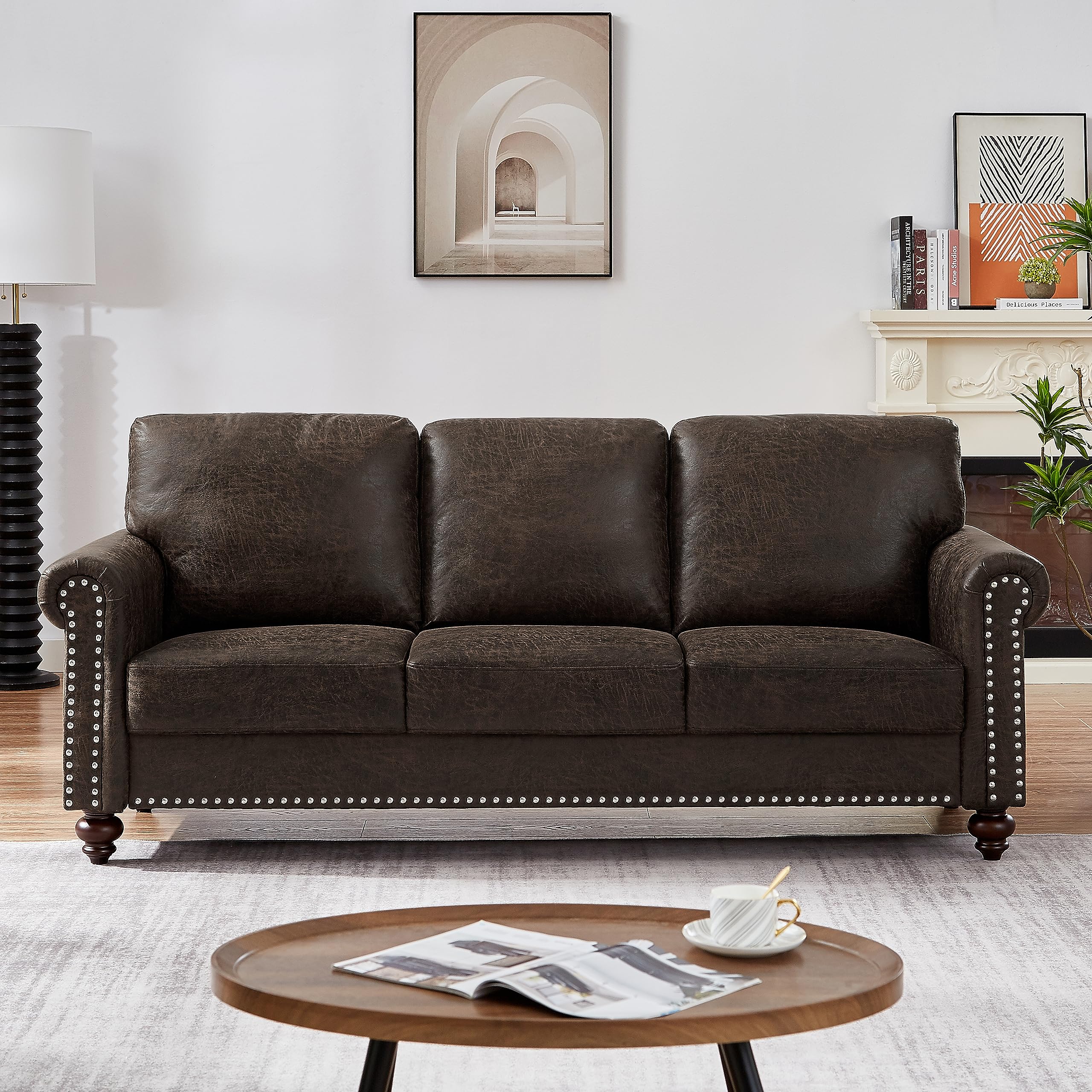 LAVHOME 80 Inch Chesterfield, Modern 3 Seater Couches with Rolled Arms and Nailhead, Classic Tufted Upholstered Leathaire Fabric Sofa for Living Room, Dark Brown