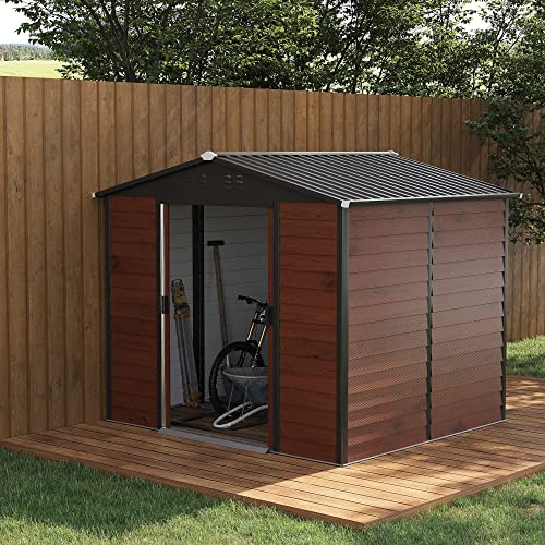 Outsunny 8' x 7' Outdoor Storage Shed, Garden Tool Metal Shed with Foundation Kit, Double Lockable Door, Air Vents and Sloping Roof, for Backyard, Patio, Lawn, Teak