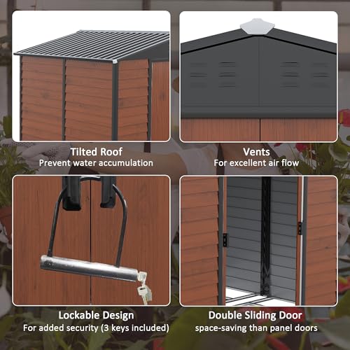 Outsunny 8' x 7' Outdoor Storage Shed, Garden Tool Metal Shed with Foundation Kit, Double Lockable Door, Air Vents and Sloping Roof, for Backyard, Patio, Lawn, Teak