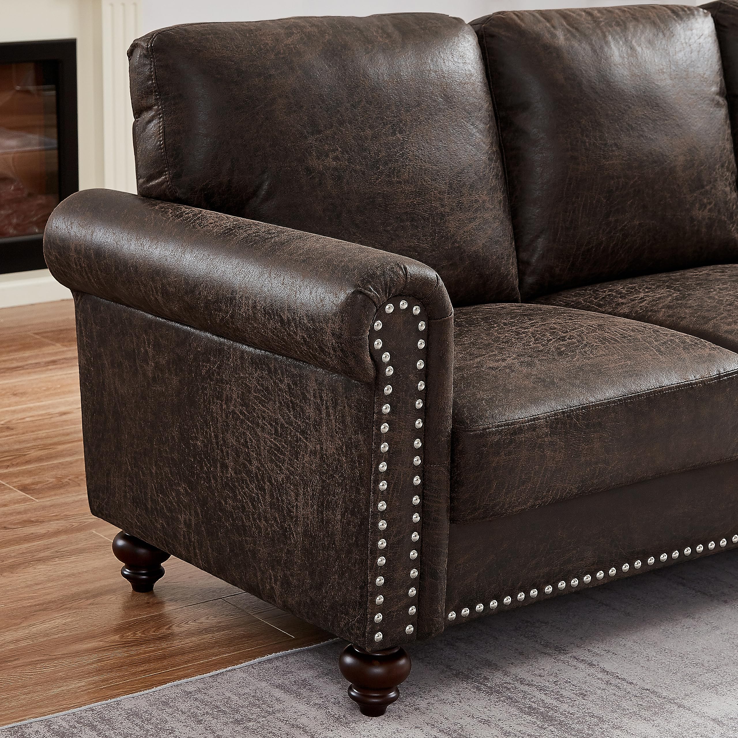 LAVHOME 80 Inch Chesterfield, Modern 3 Seater Couches with Rolled Arms and Nailhead, Classic Tufted Upholstered Leathaire Fabric Sofa for Living Room, Dark Brown
