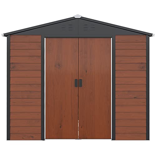 Outsunny 8' x 7' Outdoor Storage Shed, Garden Tool Metal Shed with Foundation Kit, Double Lockable Door, Air Vents and Sloping Roof, for Backyard, Patio, Lawn, Teak