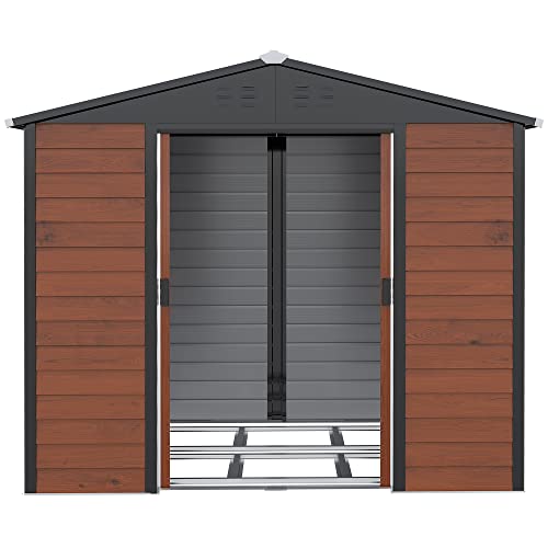 Outsunny 8' x 7' Outdoor Storage Shed, Garden Tool Metal Shed with Foundation Kit, Double Lockable Door, Air Vents and Sloping Roof, for Backyard, Patio, Lawn, Teak