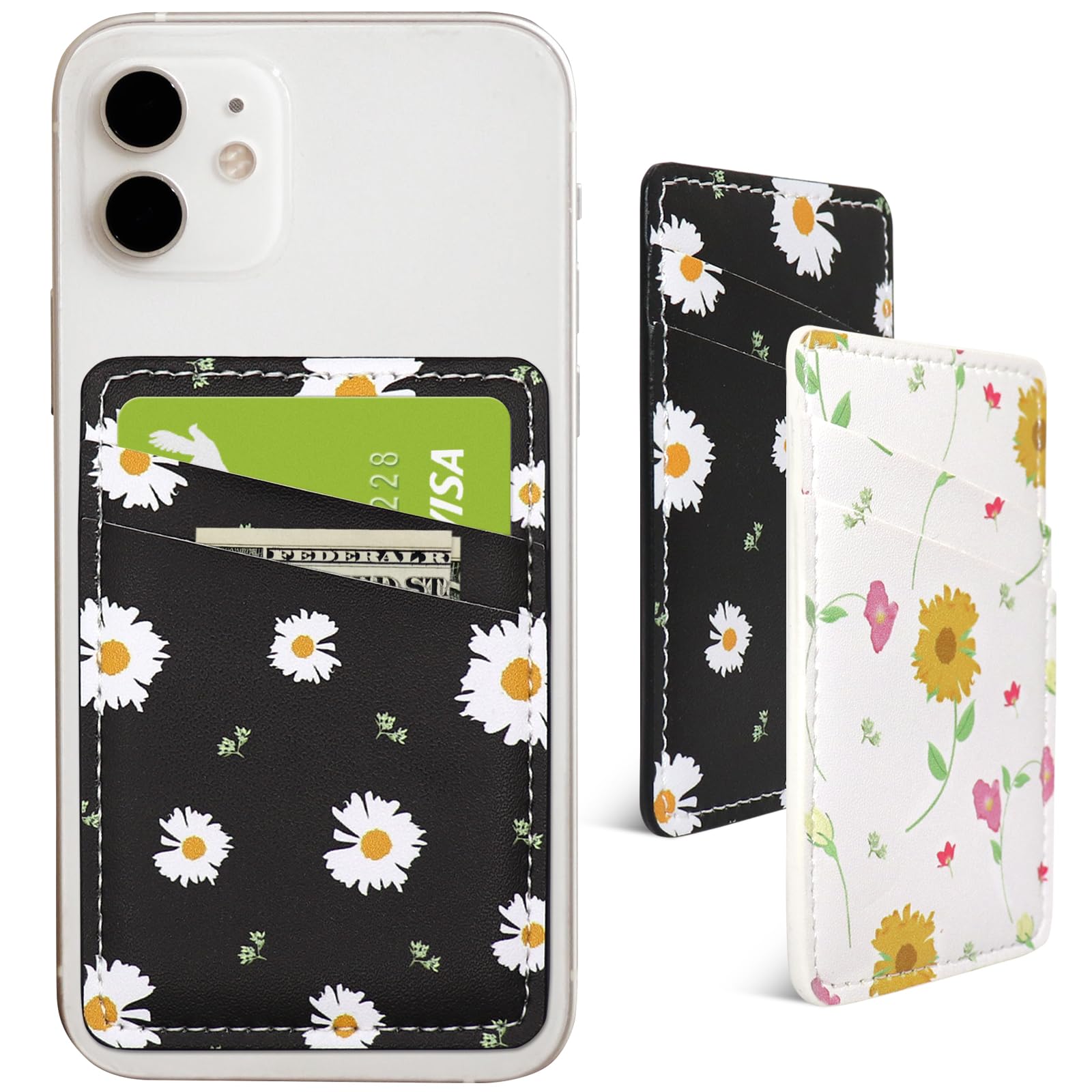2Pack Card Holder for Phone Case, Leather Phone Card Holder, Cute Stick On Credit Card Wallet for Back of Phone iPhone and Android - White,Black