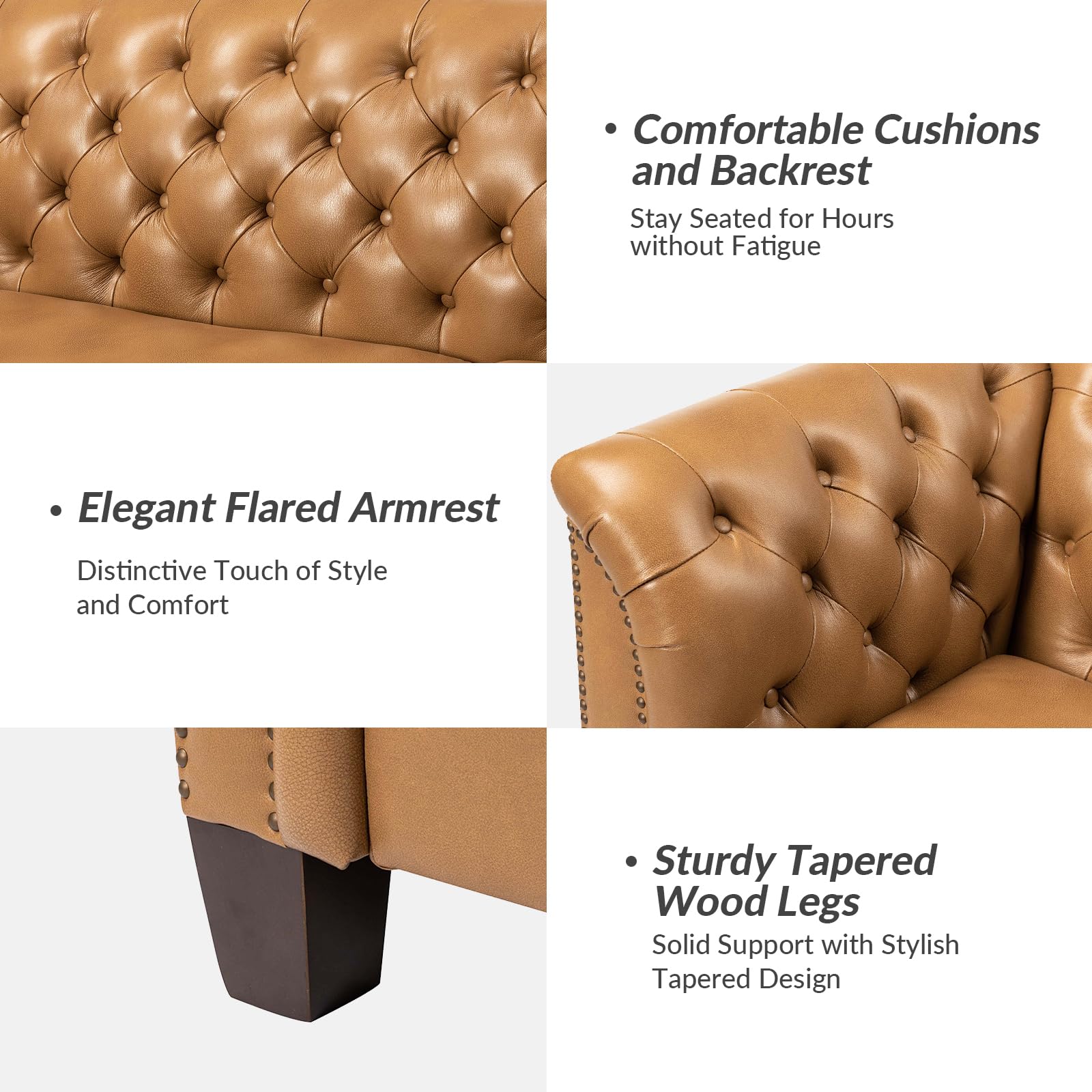 HULALA HOME Tufted Genuine Leather Sofa Couch 2-Seater Chesterfield Sectional Sofa for Living Room, Camel