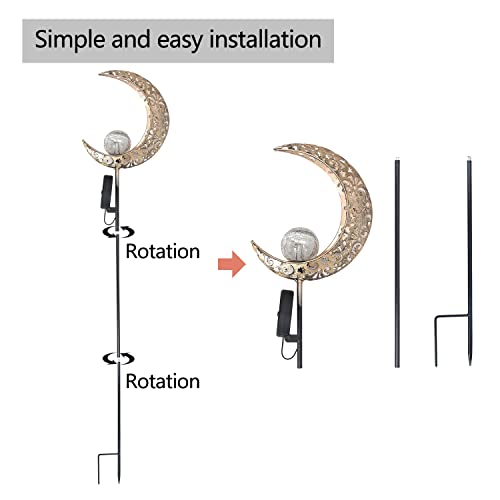 Asense Garden Solar Lights Pathway Stake Outdoor Metal Sculpture Art Decor, Solar Powered LED Lights for Lawn Patio Courtyard, Moon with Crackle Glass Ball