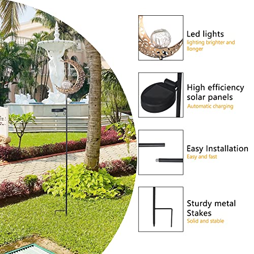 Asense Garden Solar Lights Pathway Stake Outdoor Metal Sculpture Art Decor, Solar Powered LED Lights for Lawn Patio Courtyard, Moon with Crackle Glass Ball