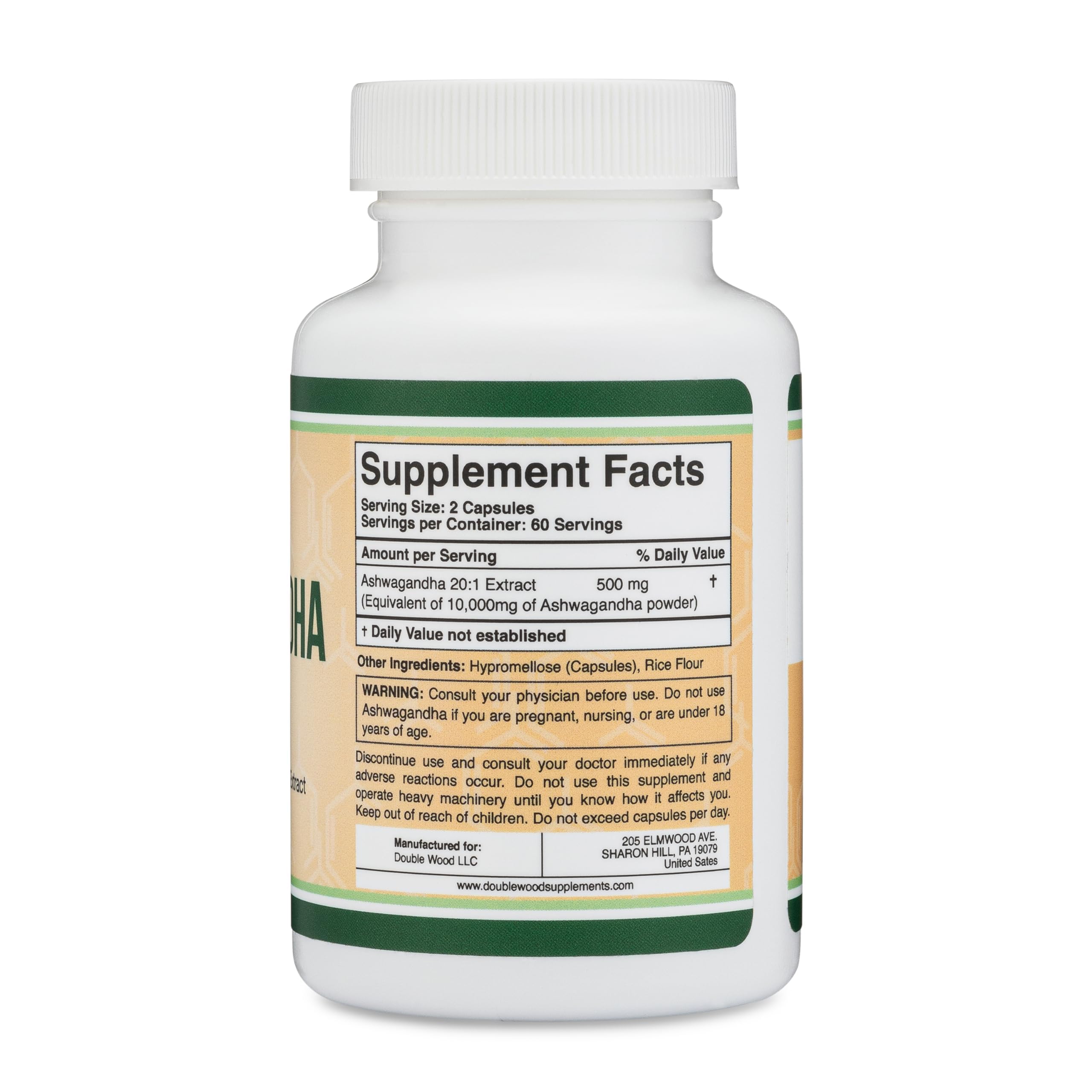 Ashwagandha Capsules, 120 Count (500mg Extract 20:1 Potency) Adaptogen Stress Relief by Double Wood