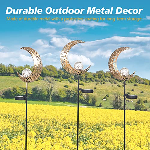 Asense Garden Solar Lights Pathway Stake Outdoor Metal Sculpture Art Decor, Solar Powered LED Lights for Lawn Patio Courtyard, Moon with Crackle Glass Ball
