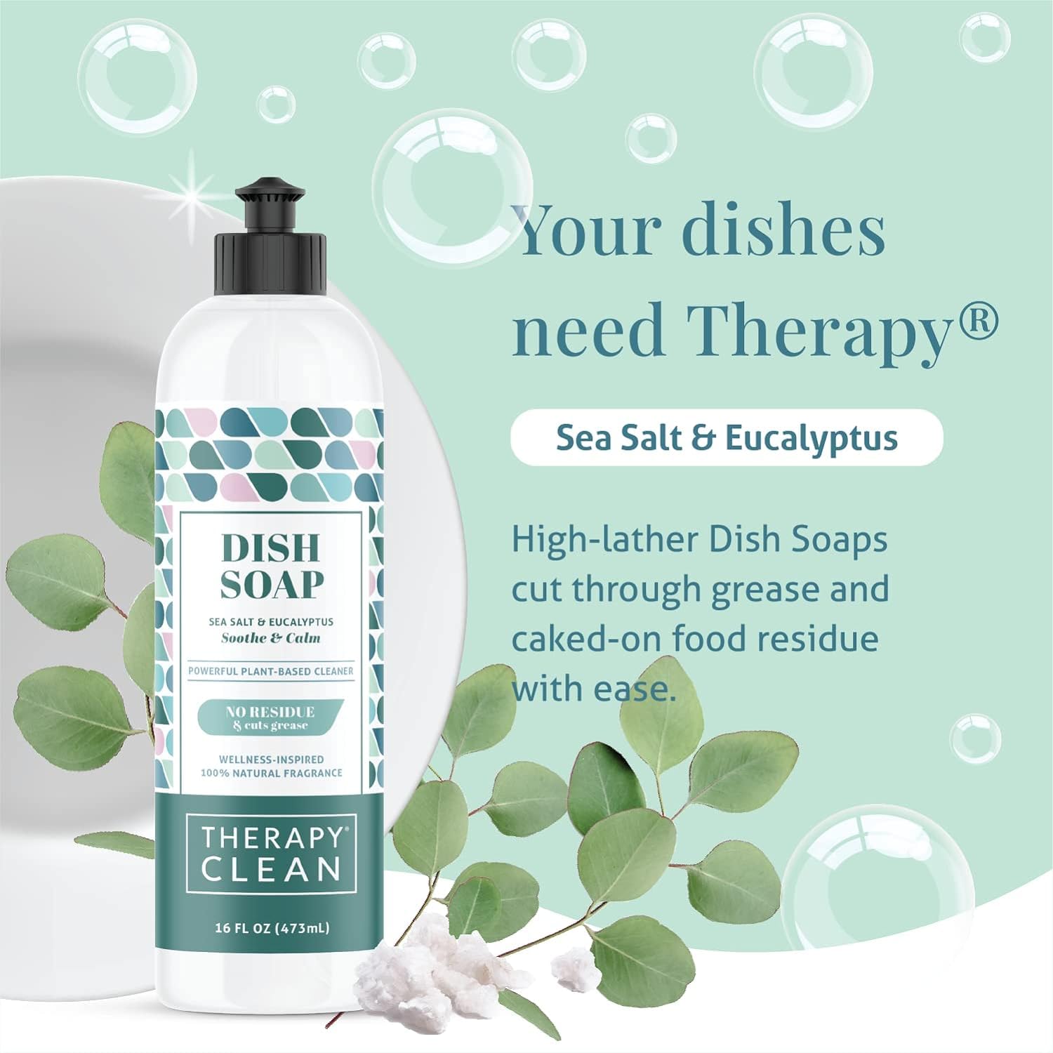 Therapy Clean Dish Soap, 100% Natural Fragrance, Plant-Based Dishwashing Liquid (Sea Salt & Eucalyptus (Soothe & Calm), 16 oz (1-pack)