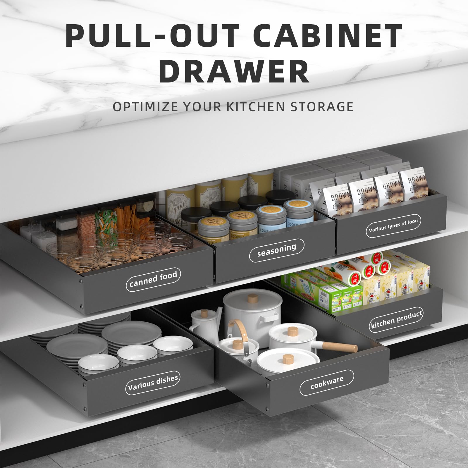 Laloton Pull Out Cabinet Organizer, Cabinet Pull Out Shelves 11.8" W x 16.9" D, Pull Out Drawers for Cabinets, Heavy Slide Drawers Fixed with Adhesive Nano Film Fixed, for Kitchen, Bathroom (Grey)