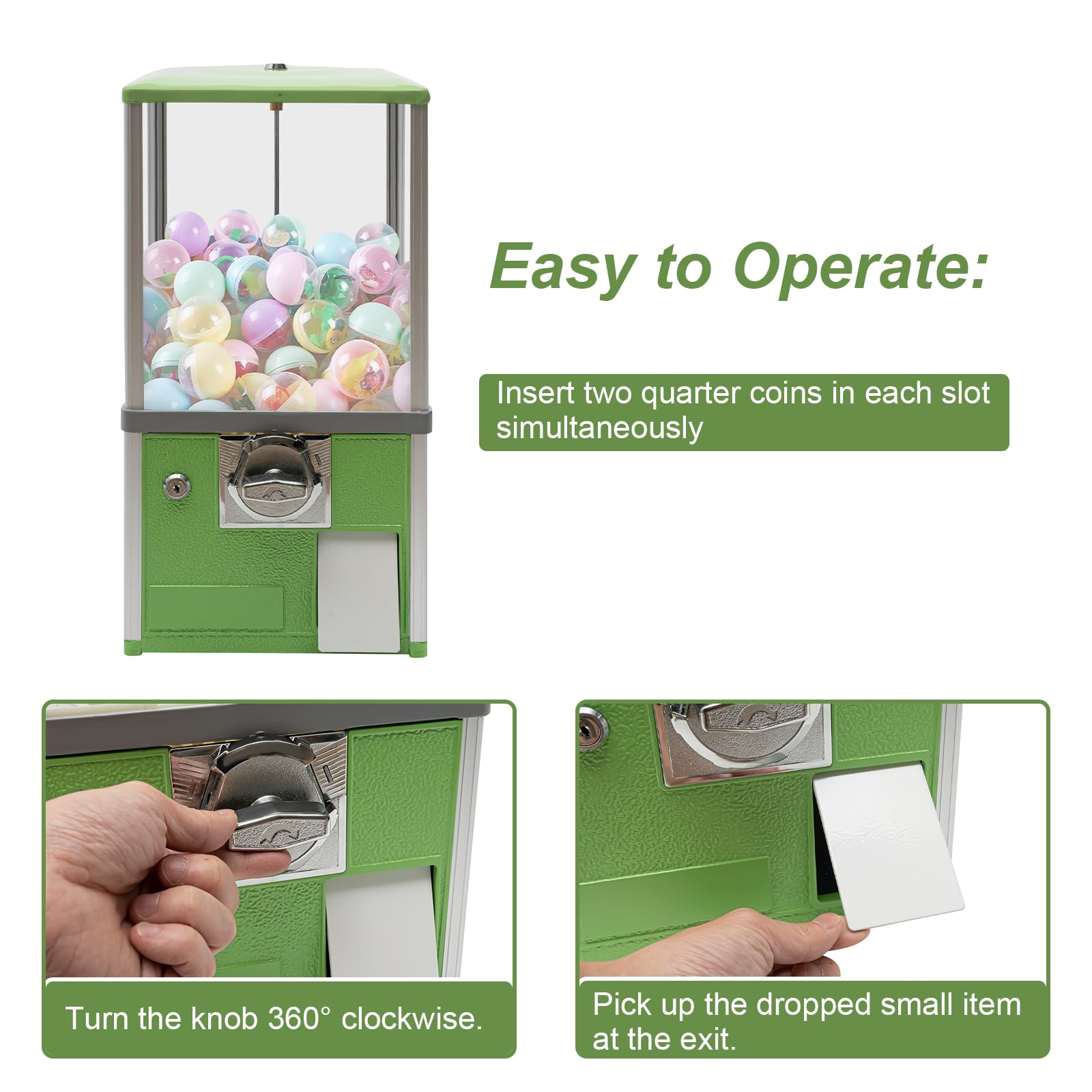 CNCEST Vending Machine, 20.87" Height Candy Gumball Machine, Huge Load Capacity Gumball Bank, Candy Vending Machine for 1.77-1.97in Gadgets, for Game Stores and Retail Stores (Green)
