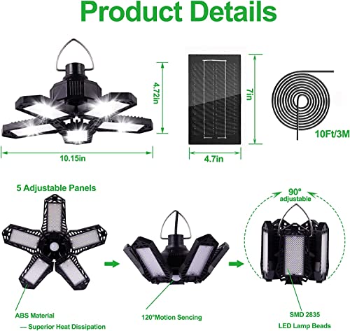 Solar Shed Light Indoor Outdoor,Waterproof Solar Pendant Light 6500K Solar Motion Sensor Light with Remote Control 5-Leaf Adjustable Solar Garage Lights for Home,Shop,Barn,Garden,Patio (Single-Head)