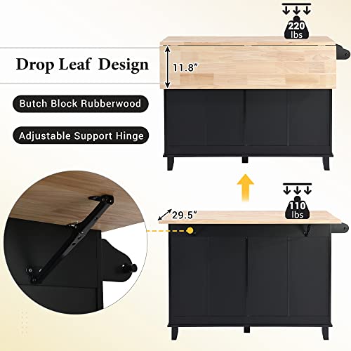 CuisinSmart Kitchen Island with Seating, Kitchen Storage Islands with Drop Leaf and 2 Seatings, 5 Drawers, Solid Wood Dining Table Set with Storage Cabinet and Towel Rack