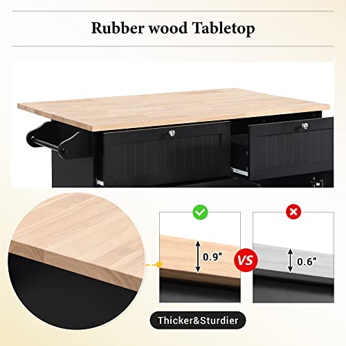 CuisinSmart Kitchen Island with Seating, Kitchen Storage Islands with Drop Leaf and 2 Seatings, 5 Drawers, Solid Wood Dining Table Set with Storage Cabinet and Towel Rack