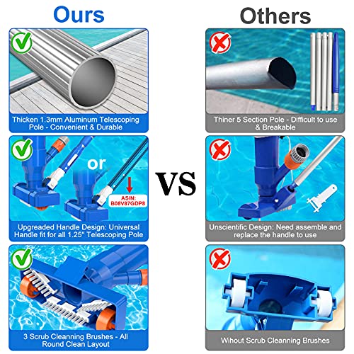 CKE Upgraded Portable 40" Pool Spa Pond Mini Jet Underwater Vacuum Cleaner w/Brush, Bag, Adjustable 3 Piece Expandable Step-Up Thicken Telescopic Pole with Universal Fit Handle-Attaches to Garden Hose