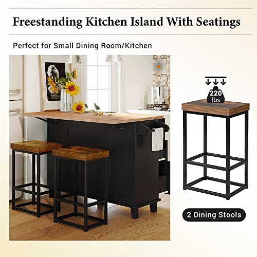 CuisinSmart Kitchen Island with Seating, Kitchen Storage Islands with Drop Leaf and 2 Seatings, 5 Drawers, Solid Wood Dining Table Set with Storage Cabinet and Towel Rack