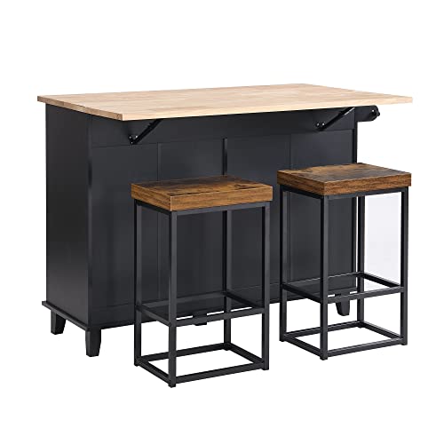 CuisinSmart Kitchen Island with Seating, Kitchen Storage Islands with Drop Leaf and 2 Seatings, 5 Drawers, Solid Wood Dining Table Set with Storage Cabinet and Towel Rack