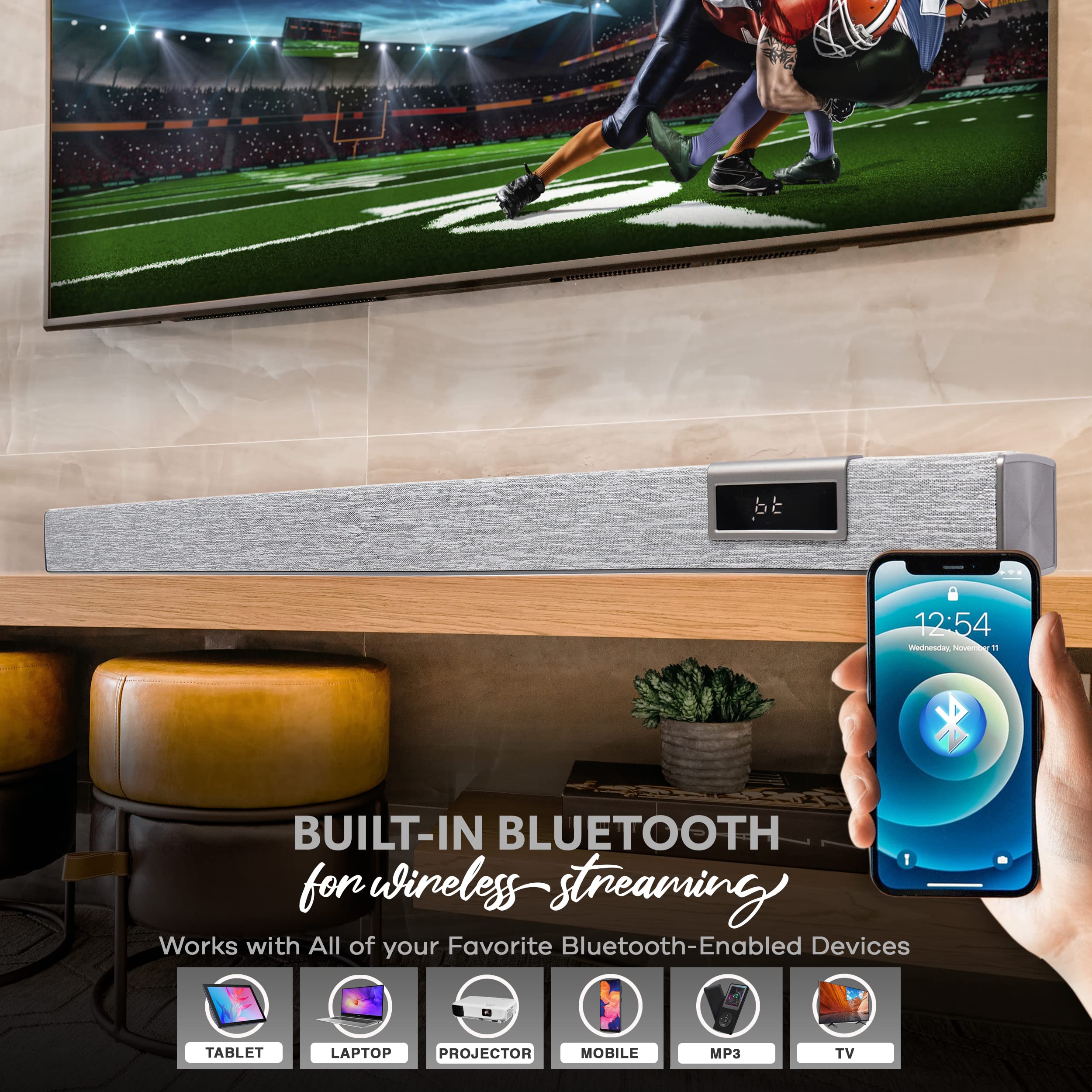 Pyle Built-in Class D Stereo Power Amplifier 35'' 2.1 Channel Soundbar - Wireless Bluetooth with Remote Control, BT Technology, Optical Input, Built-in LED Lights