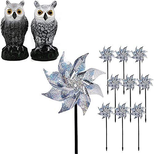 Hausse 2 Pack Fake Horned Owl | 10 Pack Reflective Pinwheels with Stakes