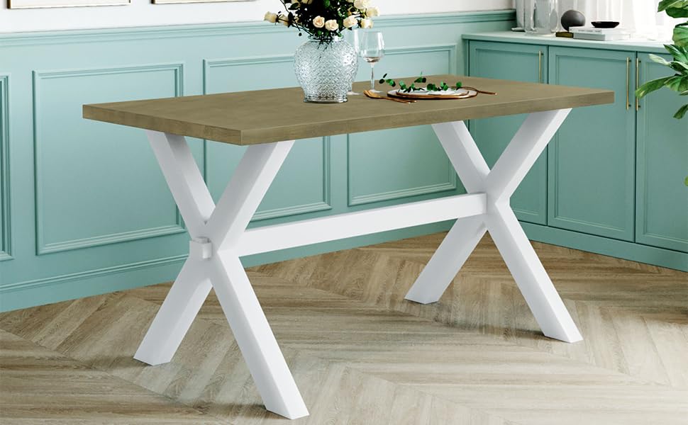 TARTOP 45.5 Inches Rustic Farmhouse, Wood Kitchen Room X-Shape Legs, Rectangle 4-6, Easy to Assemble, Gray Green+_White, Round Extendable Dining Table, Espresso