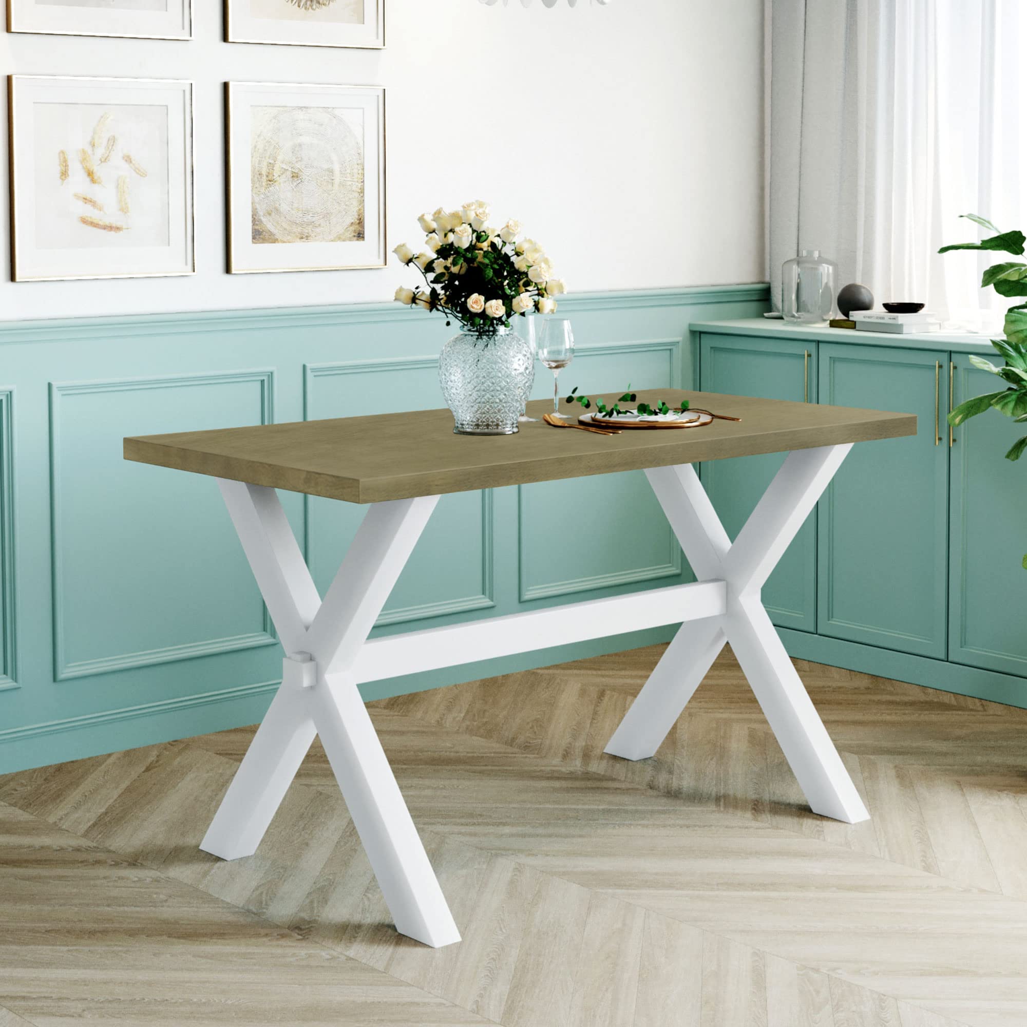 TARTOP 45.5 Inches Rustic Farmhouse, Wood Kitchen Room X-Shape Legs, Rectangle 4-6, Easy to Assemble, Gray Green+_White, Round Extendable Dining Table, Espresso