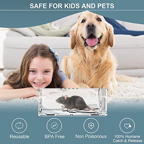 Humane Mouse Traps, Catch & Release, Reusable Rat Traps, Easy to Set and Safe for Family and Pets, No Kill for Small Rodent/Hamsters/Moles, Catcher That Works for Indoor/Outdoor, 3 Pack, Transparent