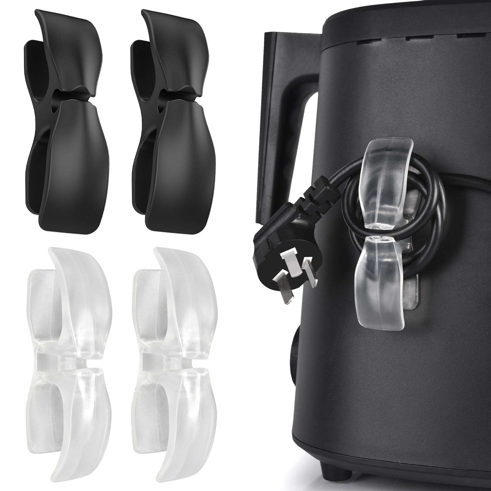 TANAAB Cord Organizer for Kitchen Appliances, 4pack Adhesive Upgraded Cord Wrap Holder Wrapper Winder Keeper for Mixer, Blender, Coffee Maker, Pressure Cooker (Black & Transparent Set)