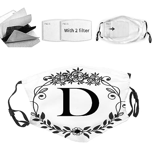 SARNFANS Floral Initial Adult Reusable Face Mask,Letter D,5-Ply Breathable Safety Unisex Adults Fashion Facial Face Masks for Women Men,Black White