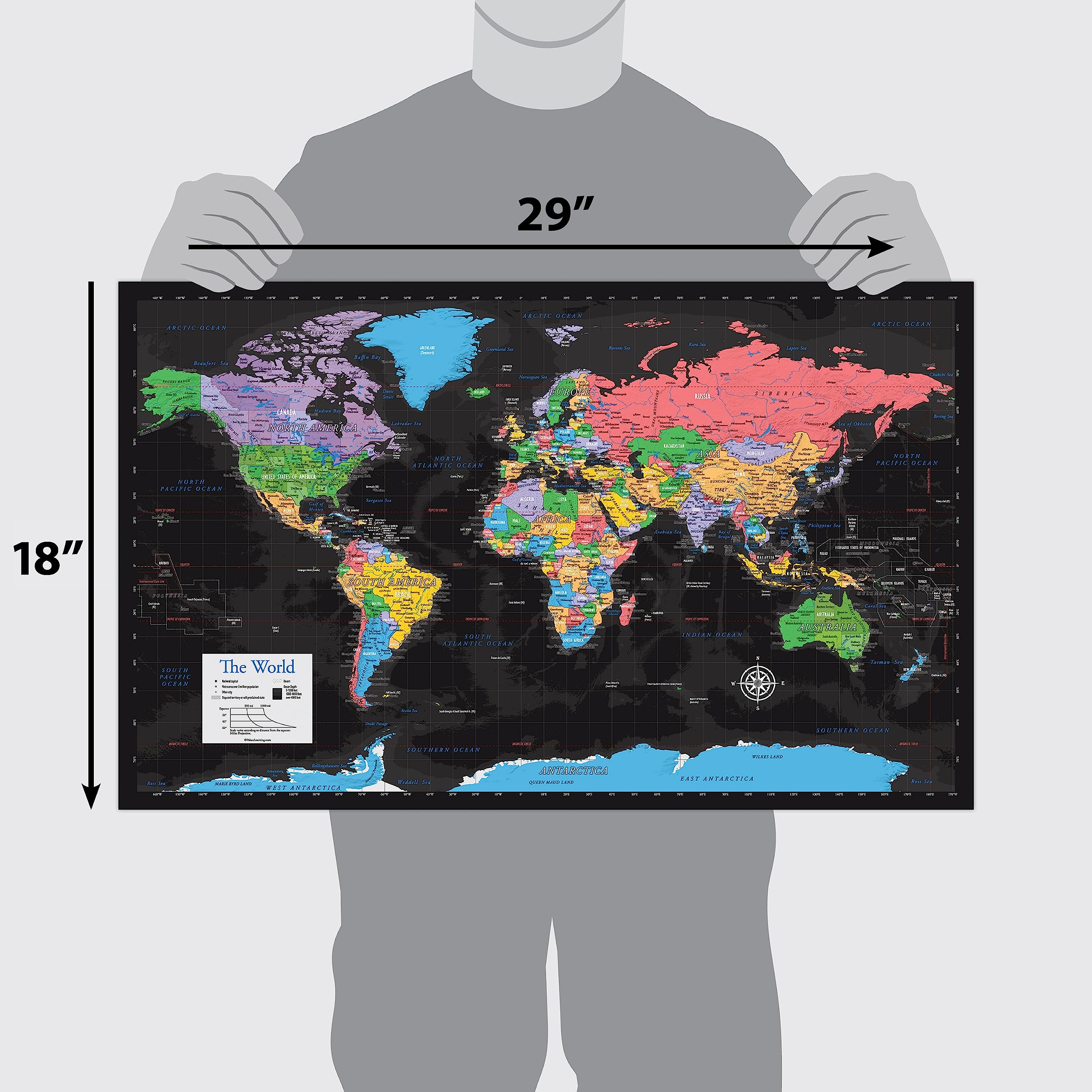 2 Pack - Laminated World Map & US Map Poster Set - Wall Chart Map of the World & United States - Made in the USA [Black]