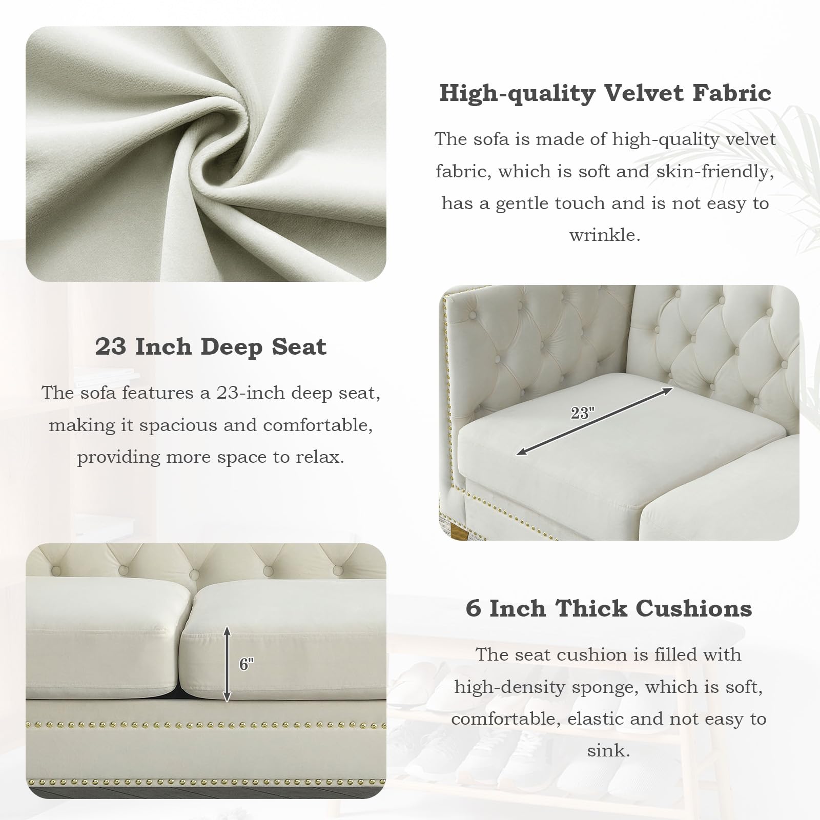 JEEOHEY Chesterfield Sofa,Oversized Velvet Sofa Couch,Deep Seat 3 Seater Sofa,Modern Sofa Chair with Button Nailhead,Upholstered Futon Couches,Furniture for Living Room,Bedroom,Office(Beige)