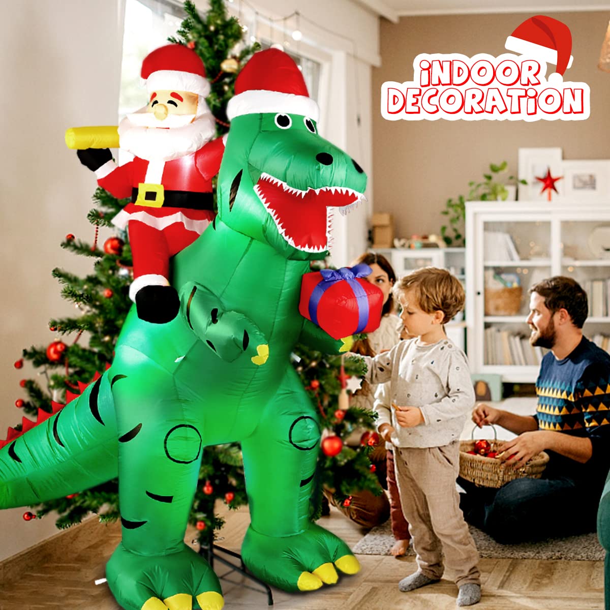 LEITAO 7FT Inflatable LED Santa Dinosaur Christmas Decoration - Giant Holiday Blow Up Decor for Indoor & Outdoor