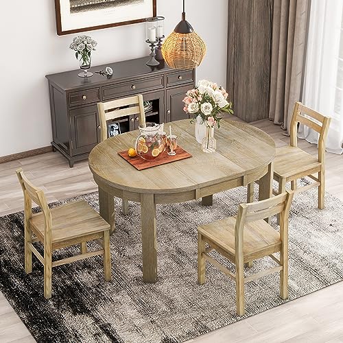 LCH 5 Piece Round 4 Wood Extendable Kitchen Set with Storage Drawers Farmhouse Dining Room Table and Chairs, 16" Removable Leaf, Natural