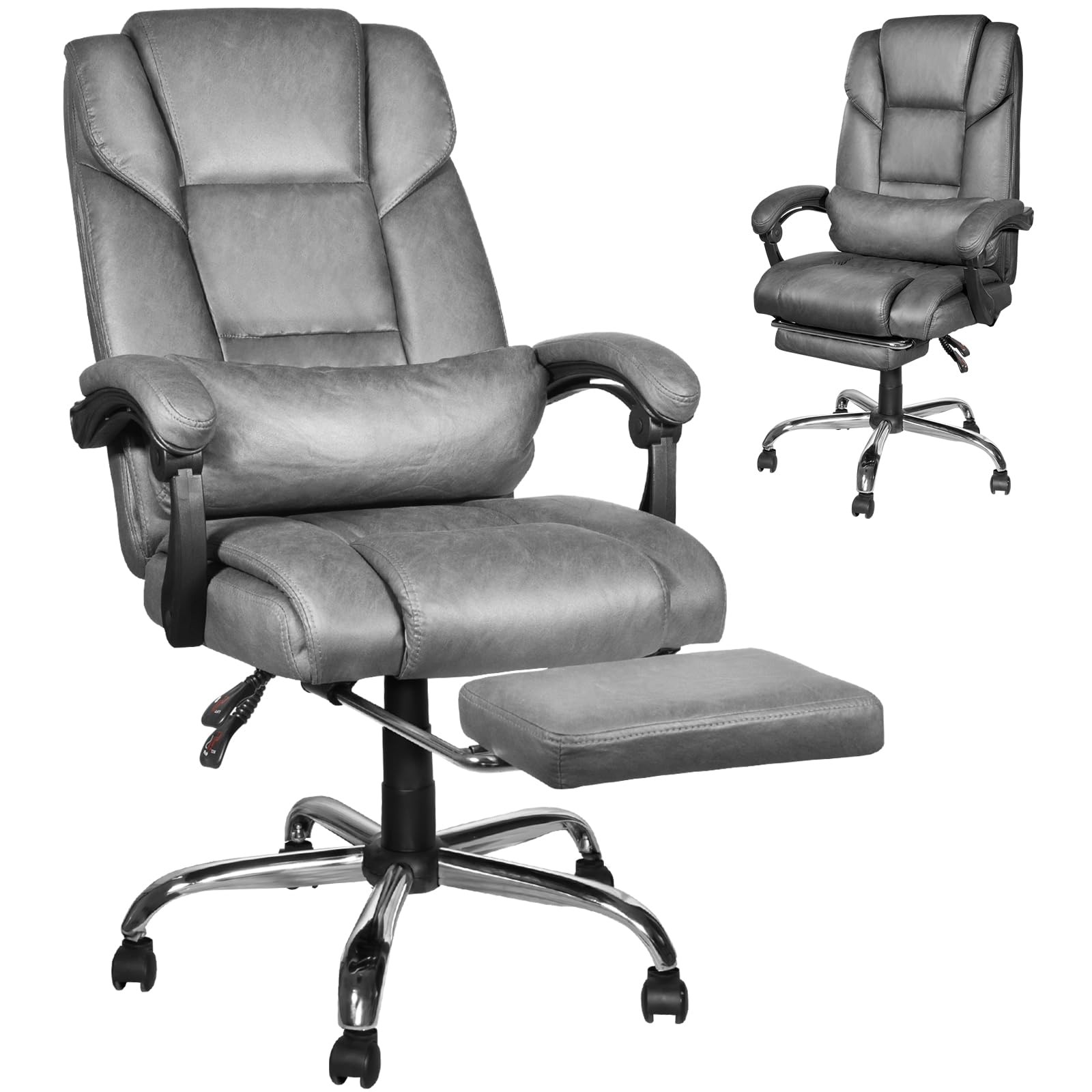 Toszn High Back Executive Office Chair, Reclining Office Chair with Footrest, PU Home Office Desk Chair Adjustable Height, Computer Desk Chair with Lumbar Cushion, Grey
