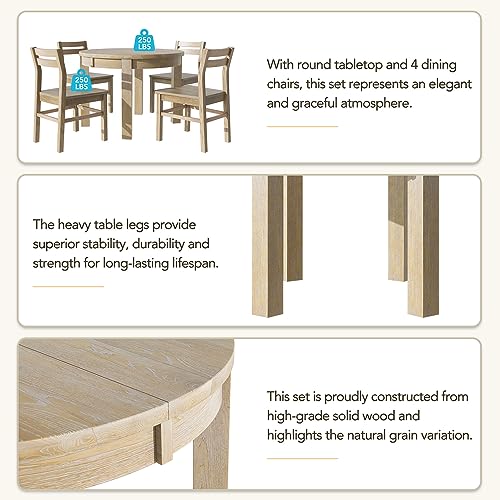 LCH 5 Piece Round 4 Wood Extendable Kitchen Set with Storage Drawers Farmhouse Dining Room Table and Chairs, 16" Removable Leaf, Natural