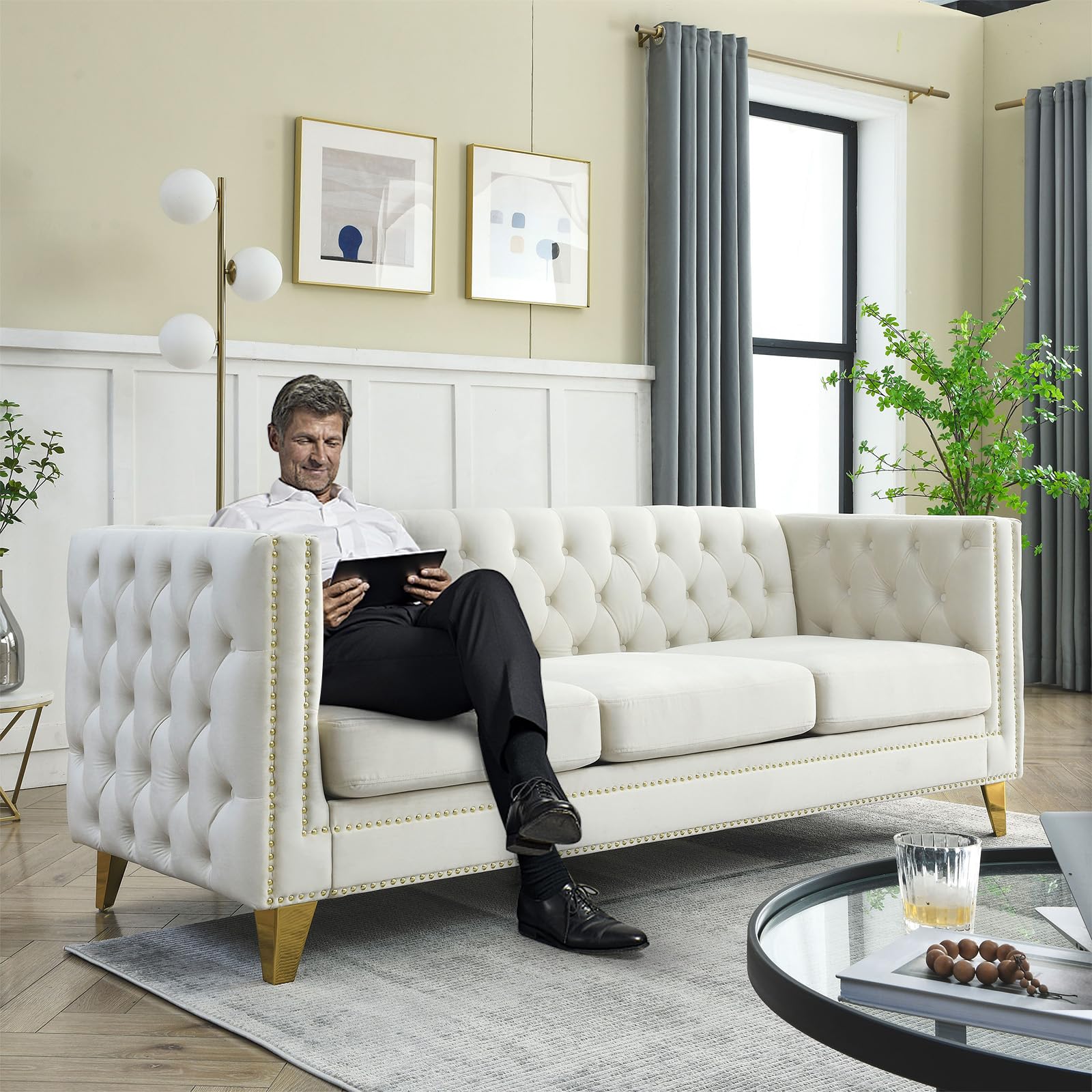 JEEOHEY Chesterfield Sofa,Oversized Velvet Sofa Couch,Deep Seat 3 Seater Sofa,Modern Sofa Chair with Button Nailhead,Upholstered Futon Couches,Furniture for Living Room,Bedroom,Office(Beige)
