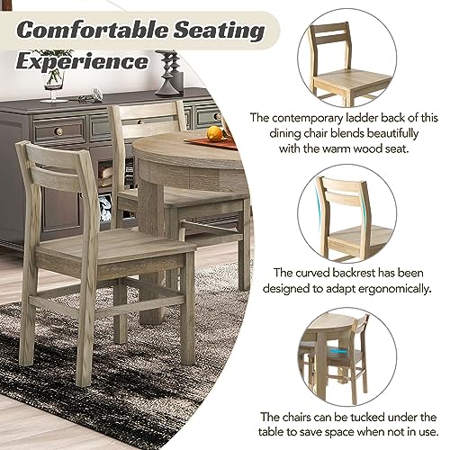 LCH 5 Piece Round 4 Wood Extendable Kitchen Set with Storage Drawers Farmhouse Dining Room Table and Chairs, 16" Removable Leaf, Natural