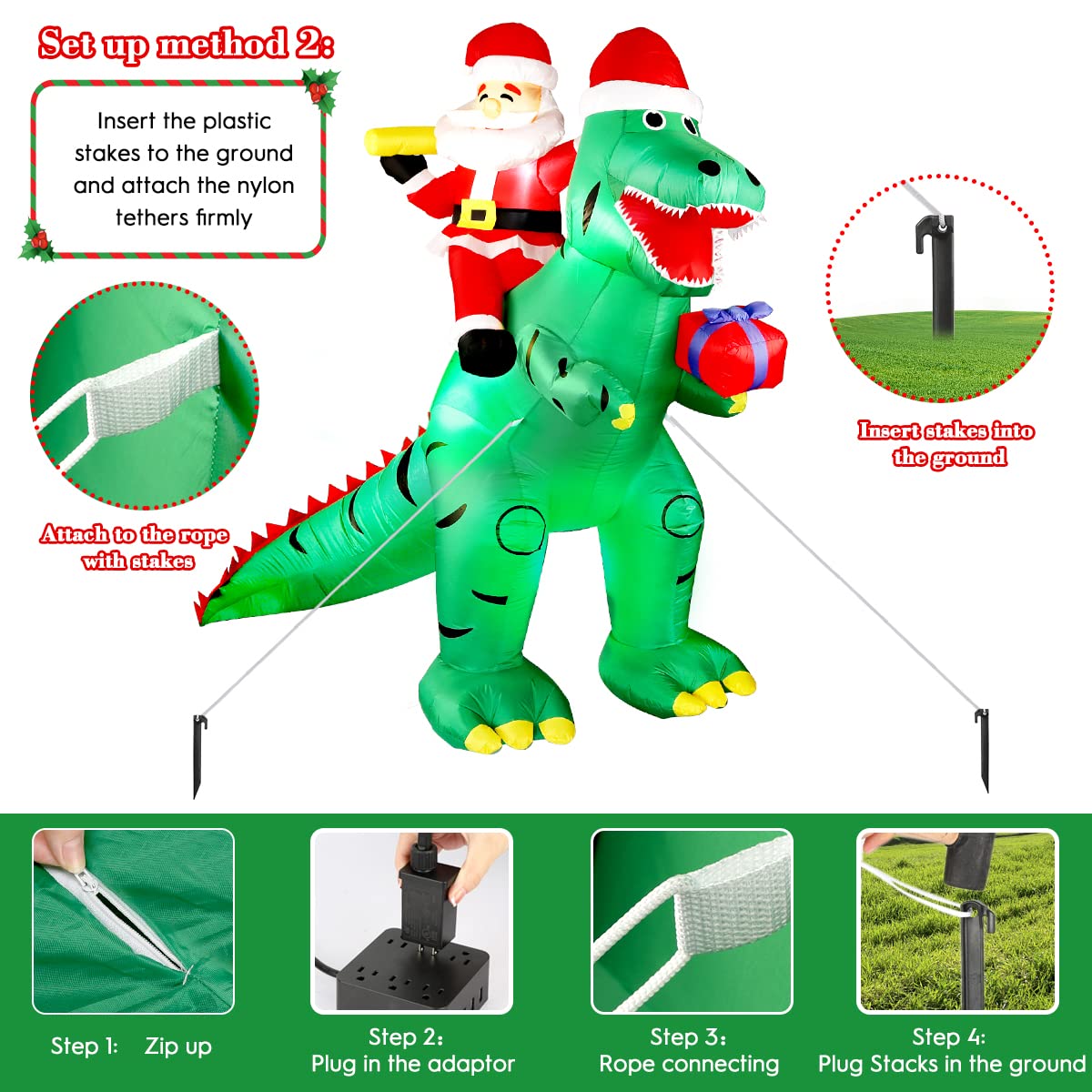 LEITAO 7FT Inflatable LED Santa Dinosaur Christmas Decoration - Giant Holiday Blow Up Decor for Indoor & Outdoor