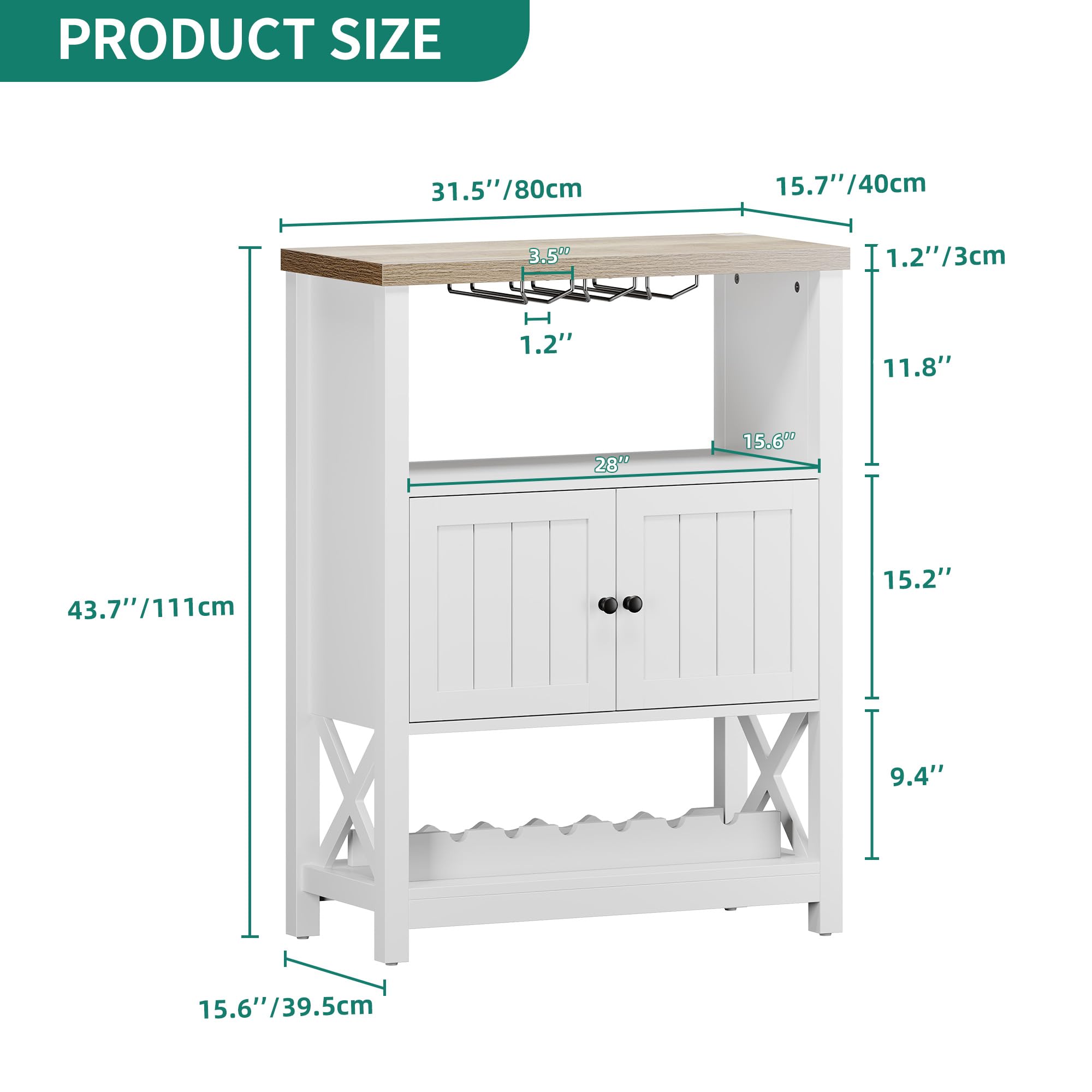 YITAHOME Sideboard Buffet Cabinet with Light, 31.5'' Farmhouse Coffee Bar Cabinets with Storage, Wine Bar Cabinet for Home with Wine Rack and Glass Holder (White Oak)