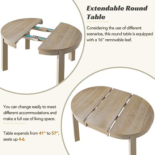 LCH 5 Piece Round 4 Wood Extendable Kitchen Set with Storage Drawers Farmhouse Dining Room Table and Chairs, 16" Removable Leaf, Natural
