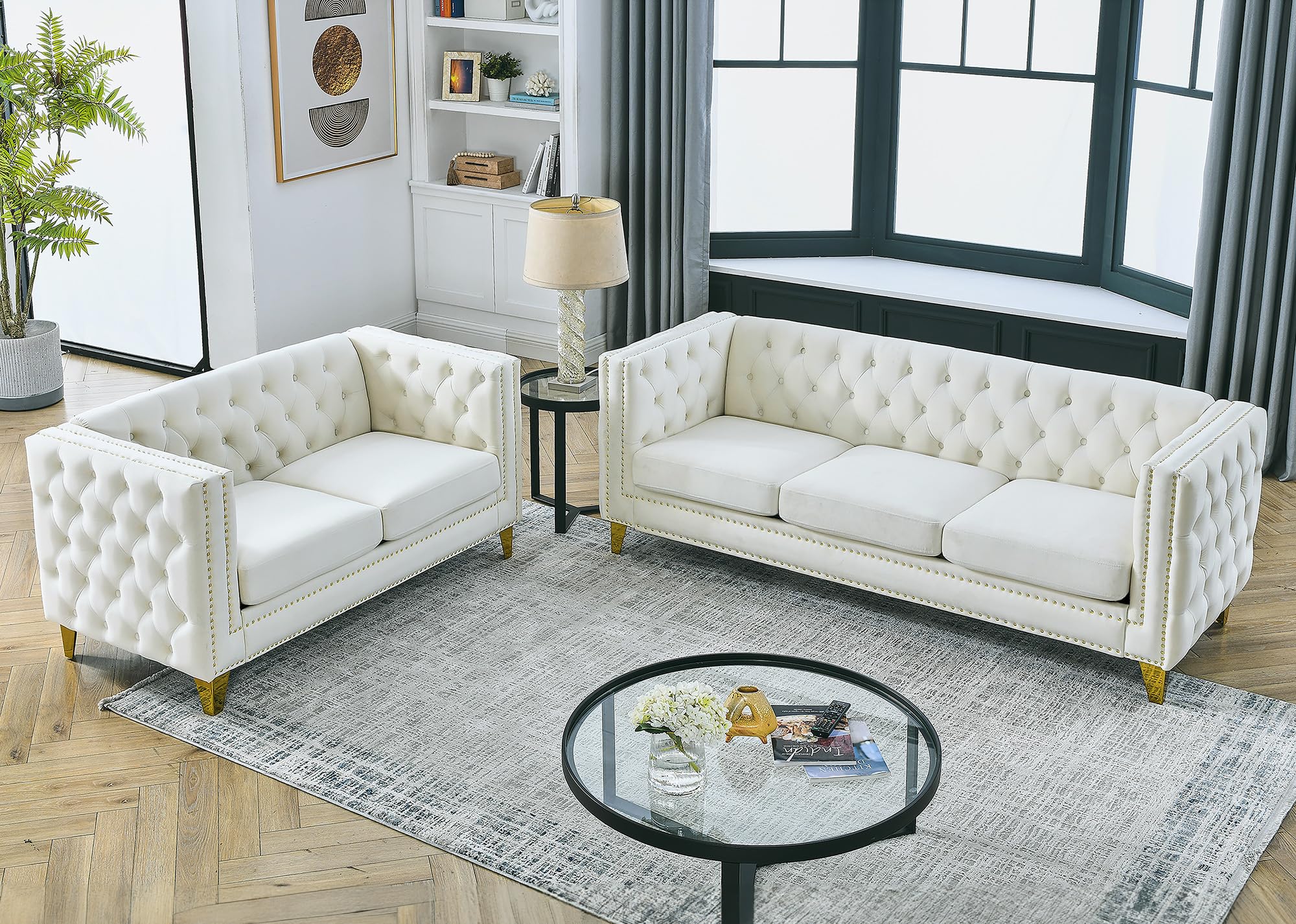JEEOHEY Chesterfield Sofa,Oversized Velvet Sofa Couch,Deep Seat 3 Seater Sofa,Modern Sofa Chair with Button Nailhead,Upholstered Futon Couches,Furniture for Living Room,Bedroom,Office(Beige)
