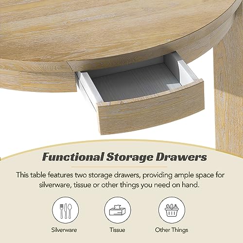 LCH 5 Piece Round 4 Wood Extendable Kitchen Set with Storage Drawers Farmhouse Dining Room Table and Chairs, 16" Removable Leaf, Natural