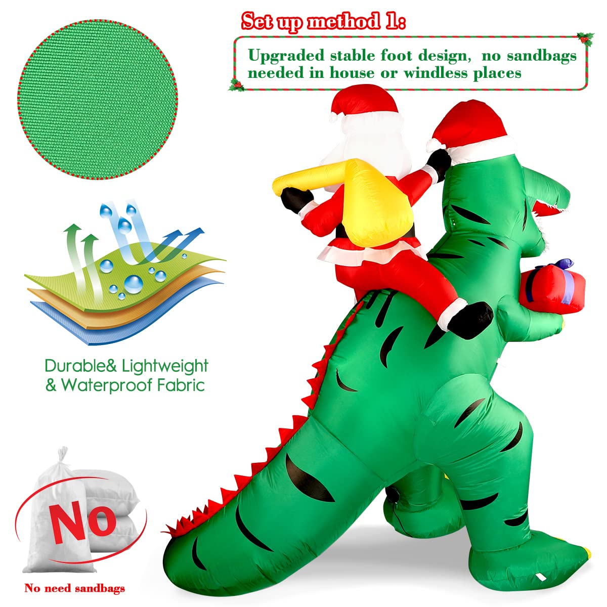 LEITAO 7FT Inflatable LED Santa Dinosaur Christmas Decoration - Giant Holiday Blow Up Decor for Indoor & Outdoor