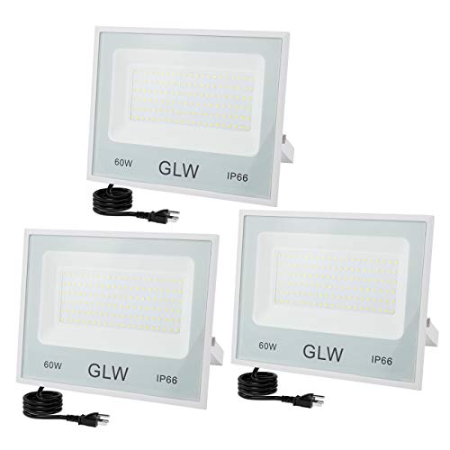 GLW LED Flood Lights 60W 3 Pack, 6000lm Super Bright Floodlight IP66 Waterproof Outdoor Security Work Light with Plug, 6000K Daylight White Light for Garden Backyard Playground Yard Garage