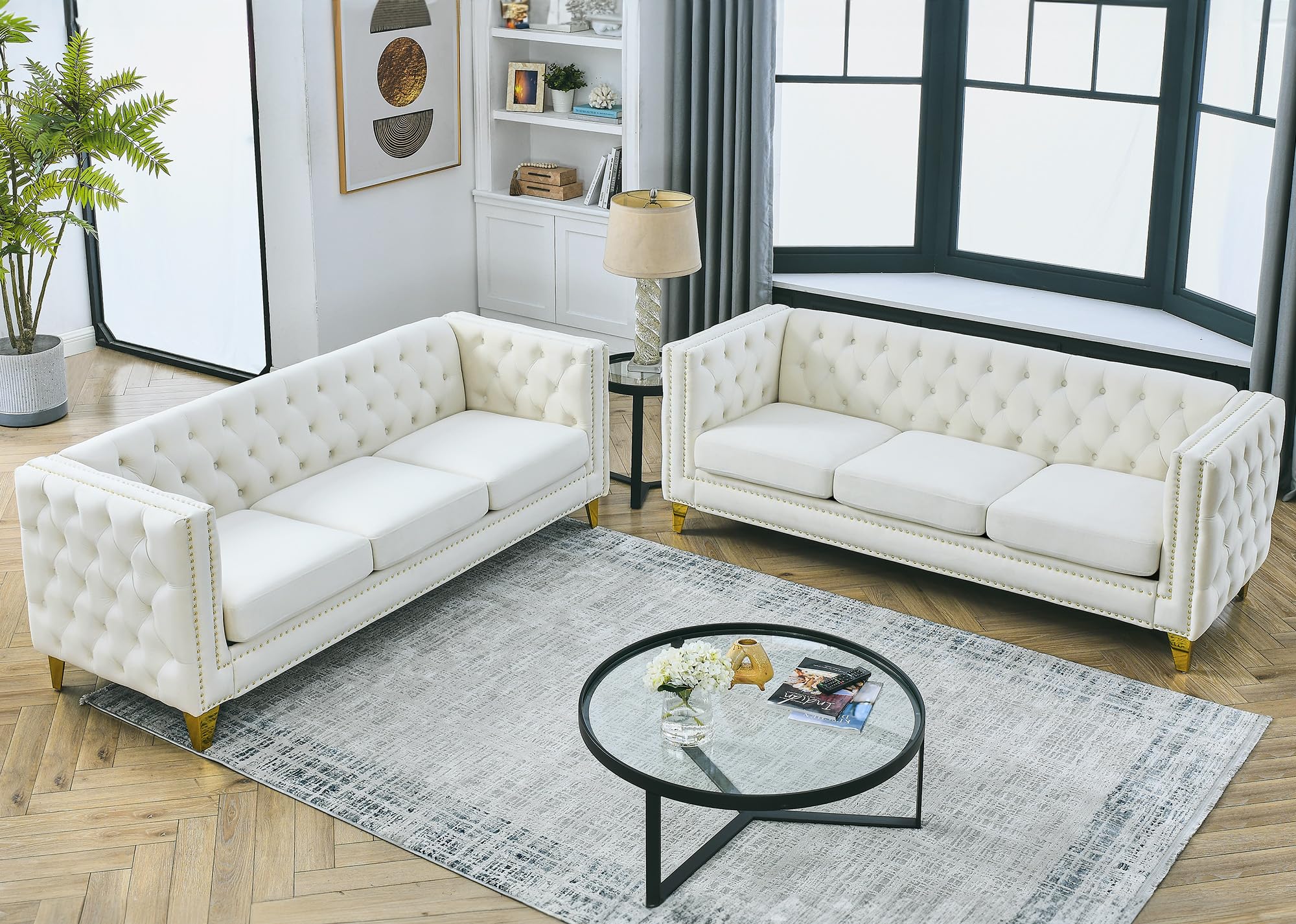 JEEOHEY Chesterfield Sofa,Oversized Velvet Sofa Couch,Deep Seat 3 Seater Sofa,Modern Sofa Chair with Button Nailhead,Upholstered Futon Couches,Furniture for Living Room,Bedroom,Office(Beige)